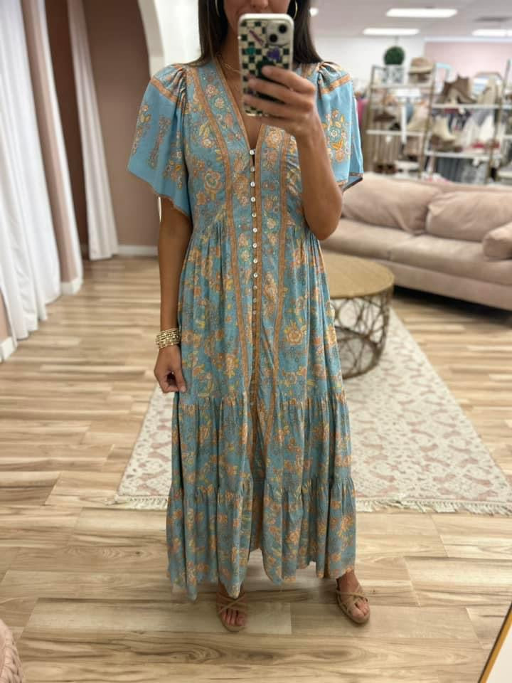 Dusty Blue Printed Midi Dress – For The Girls Boutique