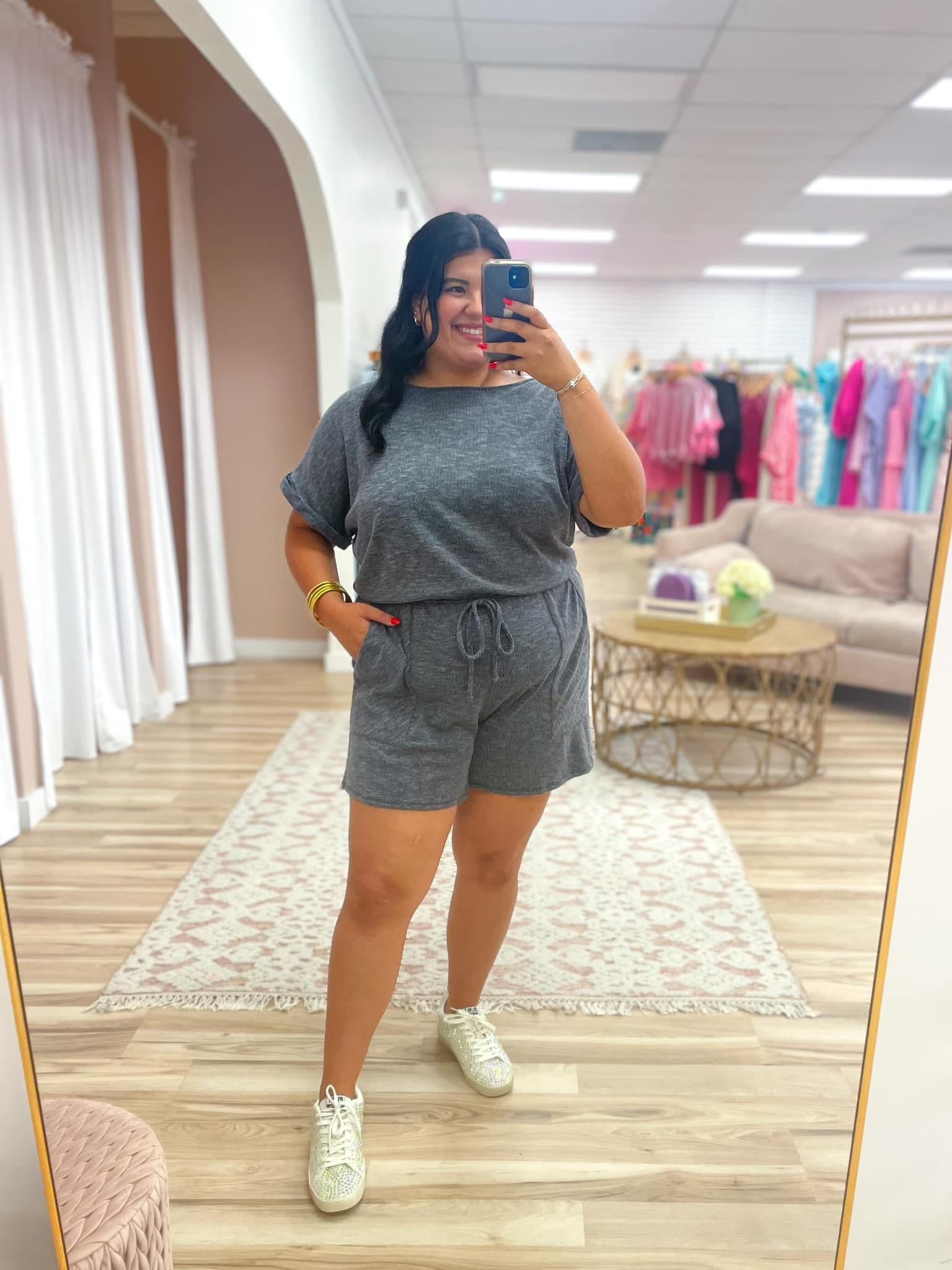 Micro Ribbed Charcoal Romper - Curvy – For The Girls Boutique